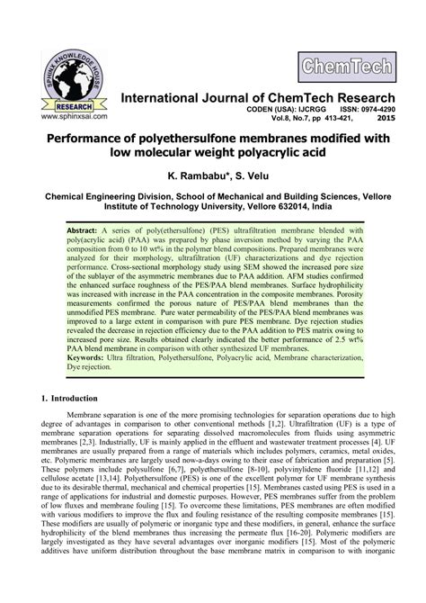 Pdf Performance Of Polyethersulfone Membranes Modified With Low Molecular Weight Polyacrylic Acid