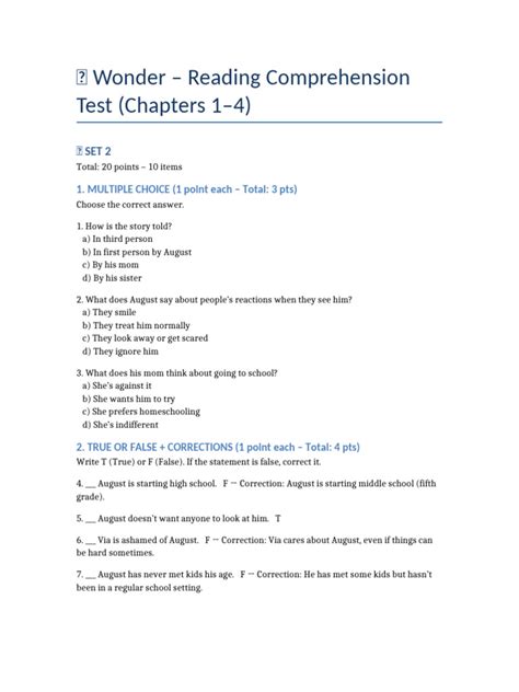 Wonder Reading Comprehension Test 1 4 Pdf