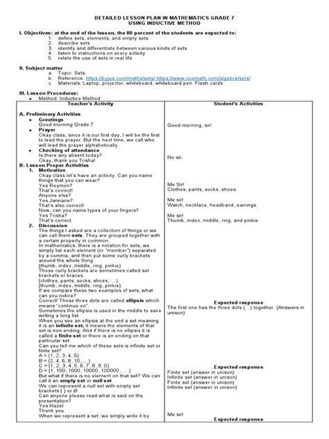 Detailed Lesson Plan In Mathematics Grade 7 1 Pdf Set Mathematics
