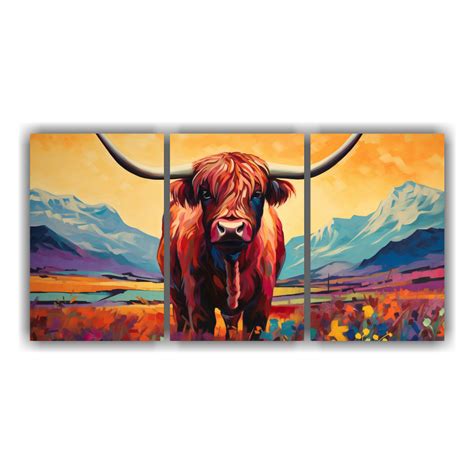 Conjunto 3 Lienzos Decorativos Vaca De Las Tierras Altas Estilo Pintura
