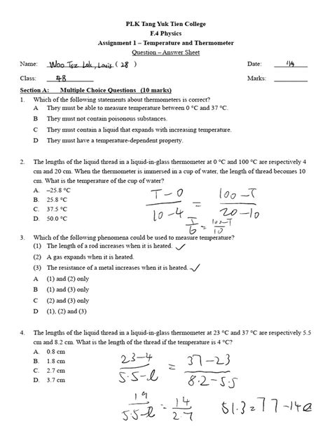 Plk Tang Yuk Tien College F4 Physics Assignment 1 Temperature And