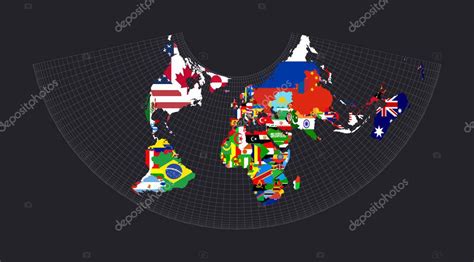 Mapa del mundo con todos los países y sus banderas Albers proyección de