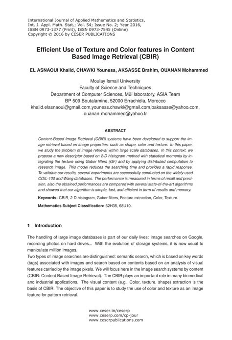 Pdf Efficient Use Of Texture And Color Features In Content Based Image Retrieval Cbir