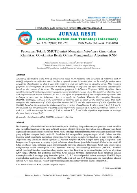 Pdf Penerapan Teknik Smote Untuk Mengatasi Imbalance Class Dalam Klasifikasi Objektivitas