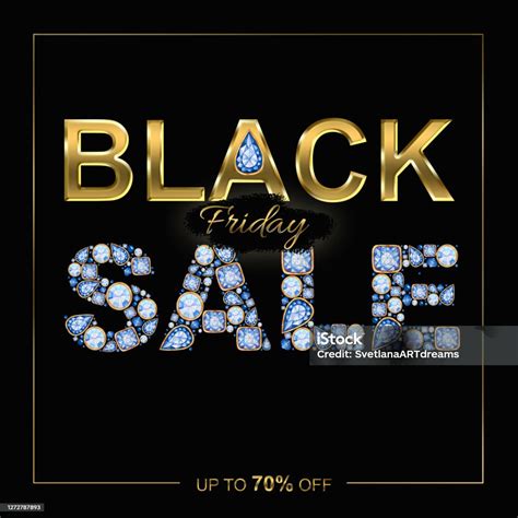 골드와 블루 크리스탈 문자 블랙 프라이데이 세일 배너 블랙 백에 대한 보석 가게 전단지 컨셉을 특별 제공합니다 다이아몬드와 화려한 에서 편지 0명에 대한 스톡 벡터 아트 및