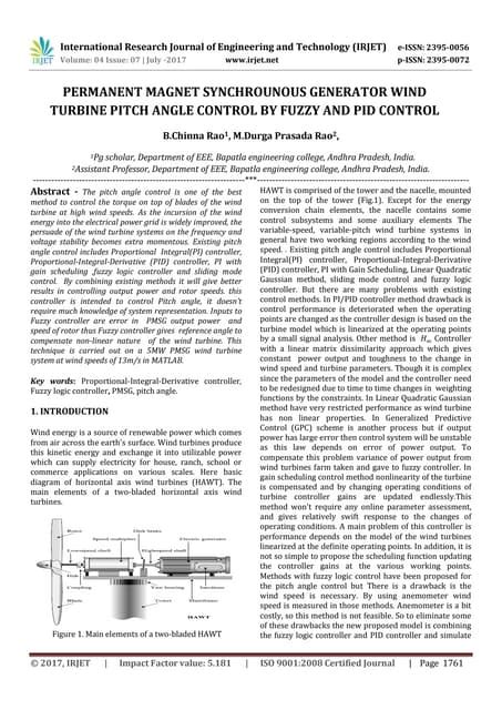 Permanent Magnet Synchronous Generator Wind Turbine Pitch Angle Control By Fuzzy And Pid Control