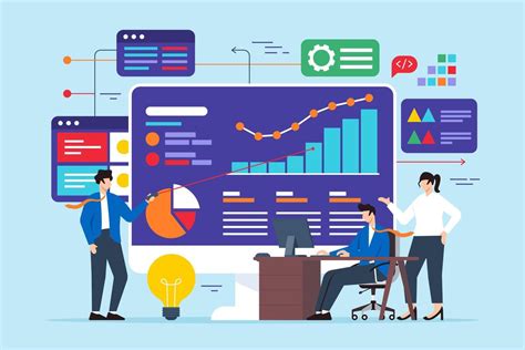 Flat Illustration Of Team Of Analysts Working Together To Solve Technical Problem On Computer