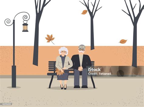 가을 공원에서 행복한 가족 노인 귀여운 미소 노인 남자와 여자는 공원에서 벤치에 앉아있다 사랑에 빠진 노인 부부 가을 진정 풍경