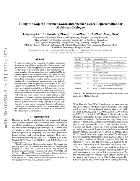 Pdf Filling The Gap Of Utterance Aware And Speaker Aware Representation For Multi Turn Dialogue