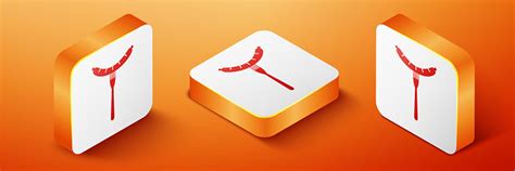 주황색 배경에 격리 된 증기 아이콘이있는 포크에 Isometric 소시지 구운 소시지와 향기 표지판 주황색 정사각형 버튼 벡터 가공육에 대한 스톡 벡터 아트 및 기타 이미지