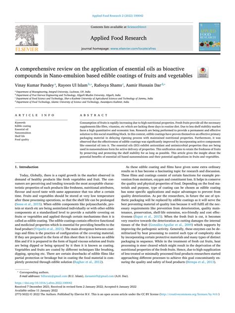 PDF A Comprehensive Review On The Application Of Essential Oils As Bioactive Compounds In Nano