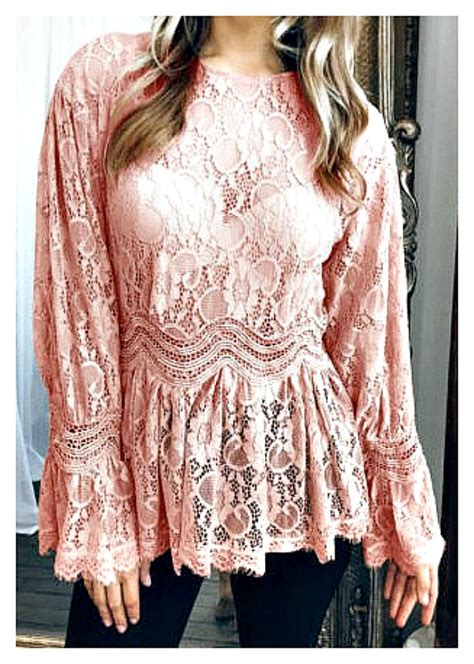 Vintage Bohemian Top Pink Lace Long Sleeve High Neck Peplum Sheer Lace
