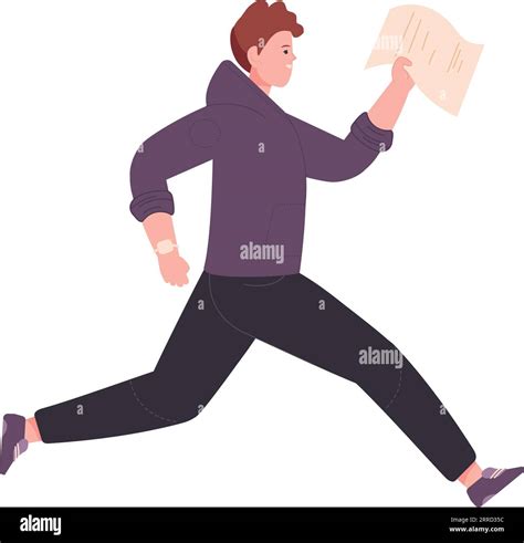 Young Man Running With Paper Document Working Rush Isolated On White