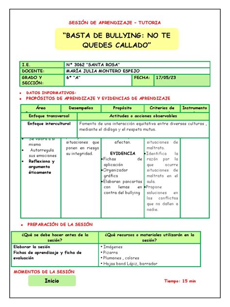 Sesión Tutoría 17 05 23 El Bullying No Te Quedes Callado Pdf