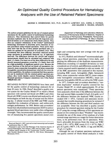 PDF Optimized Quality Control Procedure For Hematology Analyzers
