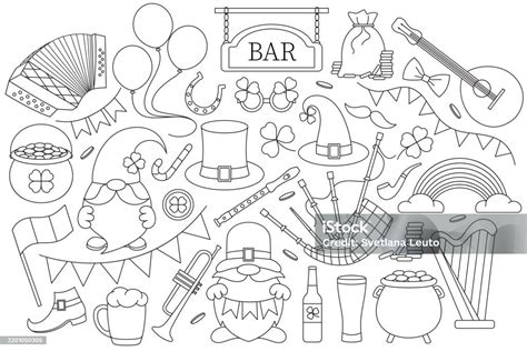 성 패트릭의 날 흑인과 백인 선형 아이콘 아일랜드 민속 악기 축제 깃발 화환 레프리콘 클로버 잎 행운의 상징 벡터 세트 St Patricks Day에 대한 스톡 벡터