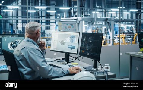 Car Factory Office Male Chief Automotive Engineer Sitting At His Desk