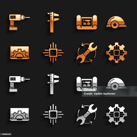 마이크로 회로 Cpu 작업자 안전 헬멧 렌치 및 화살표를 워크플로우 노트북 기어 하우스 플랜 전기 드릴 머신 및 캘리퍼 캘리퍼 스케일 아이콘으로 프로세서를 설정합니다 벡터