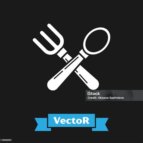 검은 색 배경에 고립 된 흰색 교차 포크와 숟가락 아이콘 조리 기구 칼 붙이 기호입니다 벡터 일러스트레이션 그릇에 대한 스톡 벡터 아트 및 기타 이미지 Istock