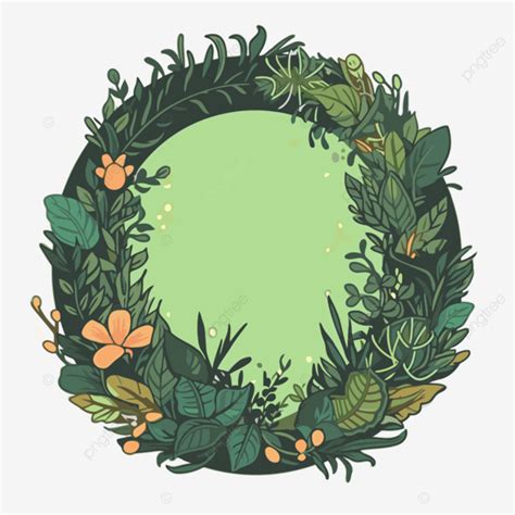 녹색 잎과 잎이 원형 프레임 클립 아트 벡터 만화 녹지 테두리가 고립 된 스티커 디자인 상표 Png 일러스트 및 벡터 에
