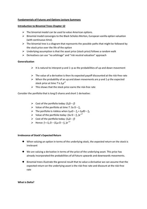 Fundamentals Of Futures And Options Binomial Trees Lecture Summary Fundamentals Of Futures