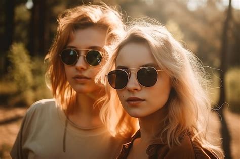 Dos Amantes Felices Chicas Lesbianas Lgbt En El Parque En Verano Al Atardecer Ai Generativa