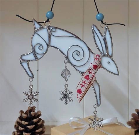 Stained Glass Leaping Hare Mystical Snow Hare Suncatcher White Hare