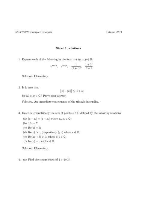 math0013 sheet 1 with sol math0013 complex analysis autumn 2011 sheet