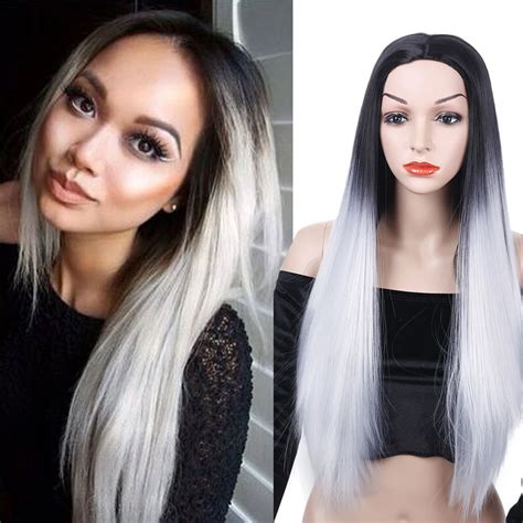 Aosiwig Ombre Wig Two Tones Black To Silver Gray Synthetic Wigs Hair