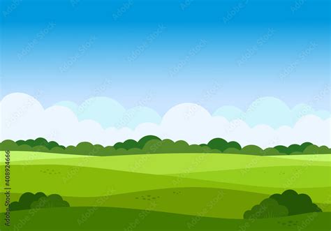 Vetor De Vector Cartoon Meadow Landscape With Grass Blue Sky With White Clouds Flat Valley