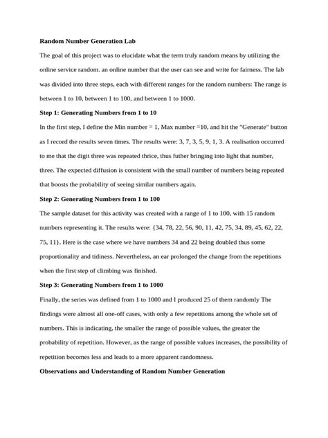 Random Number Generation Lab Pdf Randomness Scientific Method