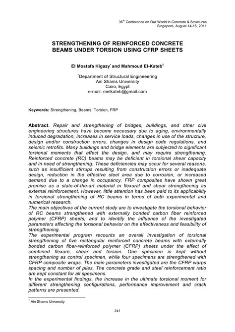Pdf Strengthening Of Reinforced Concrete Beams Under Torsion Using Cfrp Sheets