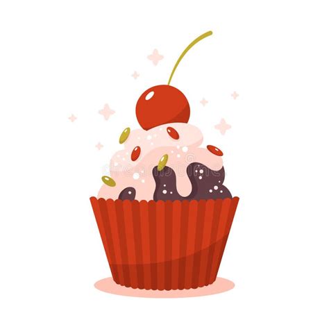 Flat Vector Illustration Of Cupcake With Cream And Cherry Sweet