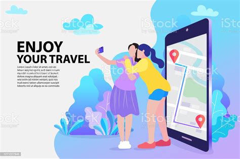스마트폰에서 지도 응용 프로그램을 사용하는 여행자 여성 스마트 폰을 사용하여 사진을 찍는 소녀 현대적인 평면 디자인 개념 방문 페이지 템플릿 벡터 Eps10 Carnival