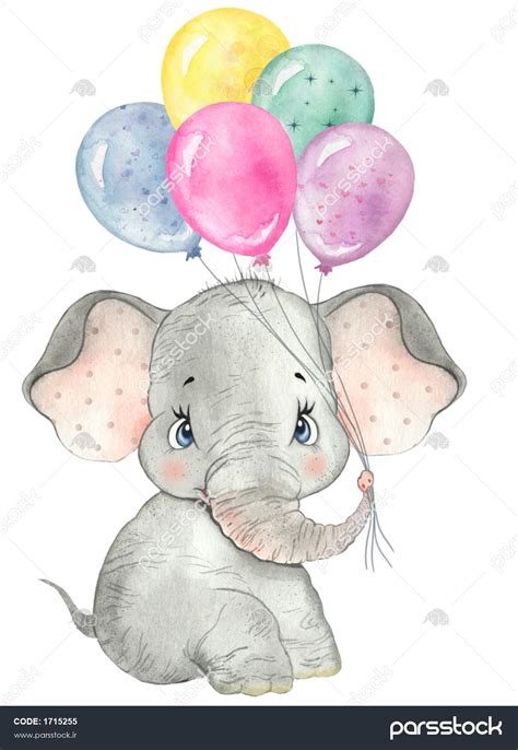 نقاشی آبرنگ بچه فیل با بادکنک فیل کوچولو فیل ناز مهد کودک باغ وحش