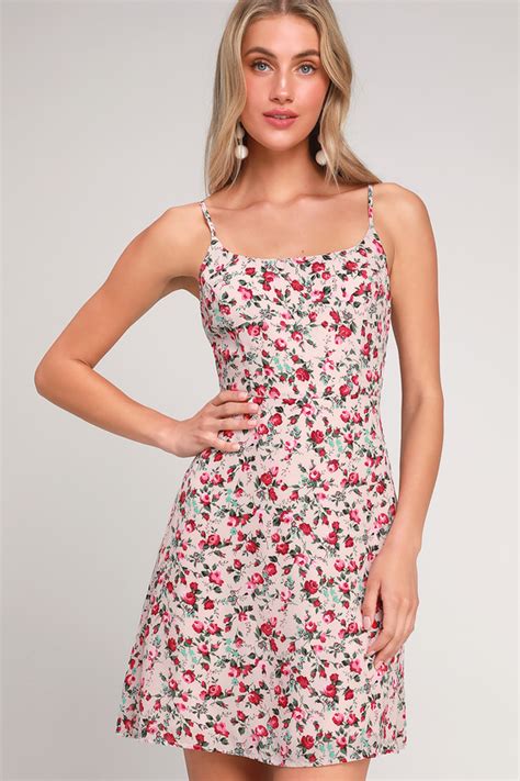 Cute Blush Pink Floral Print Dress Mini Skater Dress Lulus