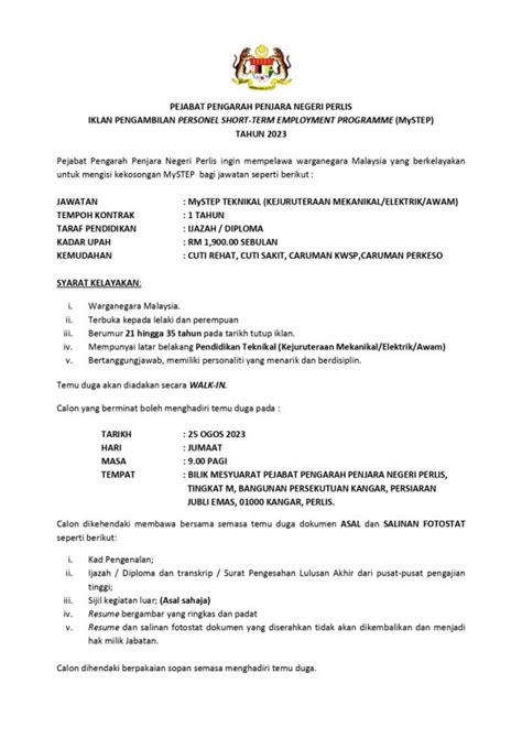 Iklan Jawatan Kosong Pejabat Pengarah Penjara Negeri Perlis • Portal