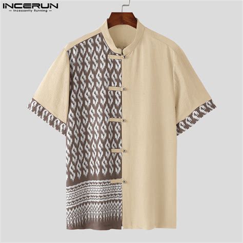 Incerun เสื ้ อเชิ ้ ตแขนสั ้ นพิมพ ์ ลายเย ็ บปะติดปะต ่ อกันสําหรับผู