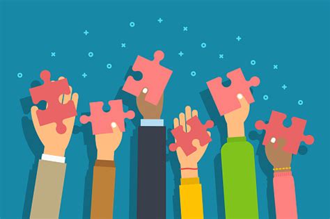 사람들은 직소 퍼즐 조각을 들고 팔을 들어 올렸다 사람들은 손바닥 손에 퍼즐 조각을 제공합니다 협력 협력 및 팀워크의 개념 플랫