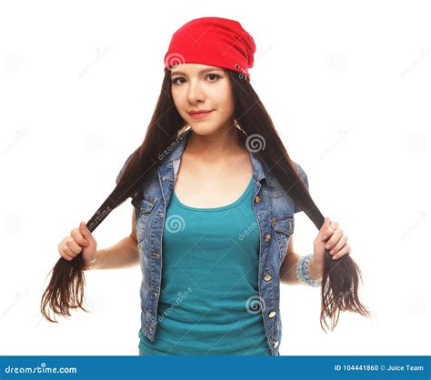 Close Up Studio Portrait Of Cheerful Hipster Girl Going Crazy Stock