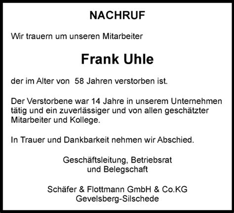 Traueranzeigen Von Frank Uhle Trauer In Nrw De