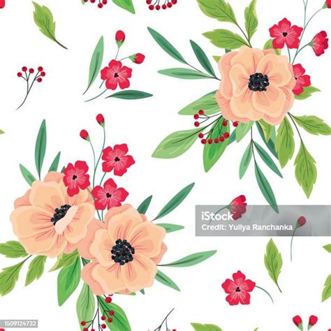 Pola Mulus Dengan Bungabunga Besar Di Karangan Bunga Ilustrasi Vektor