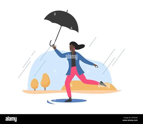 Woman Holding Umbrella Happy Girl Walking On Puddles In Autumn Rain