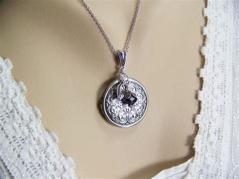 Silver Embossed Locket Amethyst Locket Scrolled Designed Locket Brushed Silver Locket