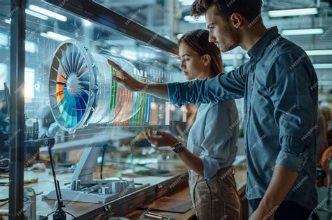 premium photo engineers analyzing holographic engine in office