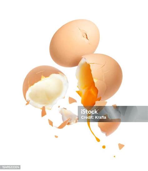 노른자는 흰 배경에 고립 된 두 개의 반으로 부서진 닭고기 달걀에서 쏟아져 나오고 있습니다 계란 노른자에 대한 스톡 사진 및