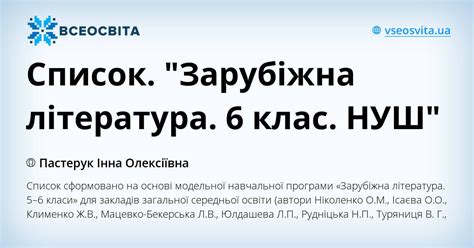 Список Зарубіжна література 6 клас НУШ Інші методичні матеріали Зарубіжна література