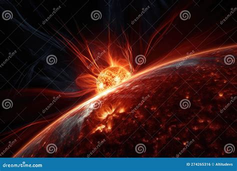 View Of Solar Flare With View Of Earth Visible In The Background Stock