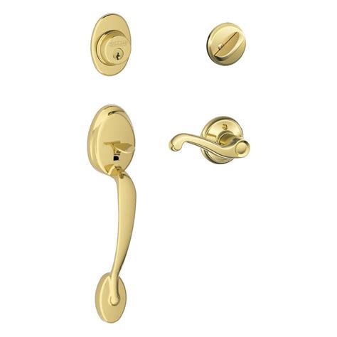 Schlage F60 Plymouth X Flair Bright Brass Keyed Entry Door Handleset