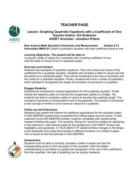 Graphing Quadratic Equations With A Coefficient Of One Lesson Plan For